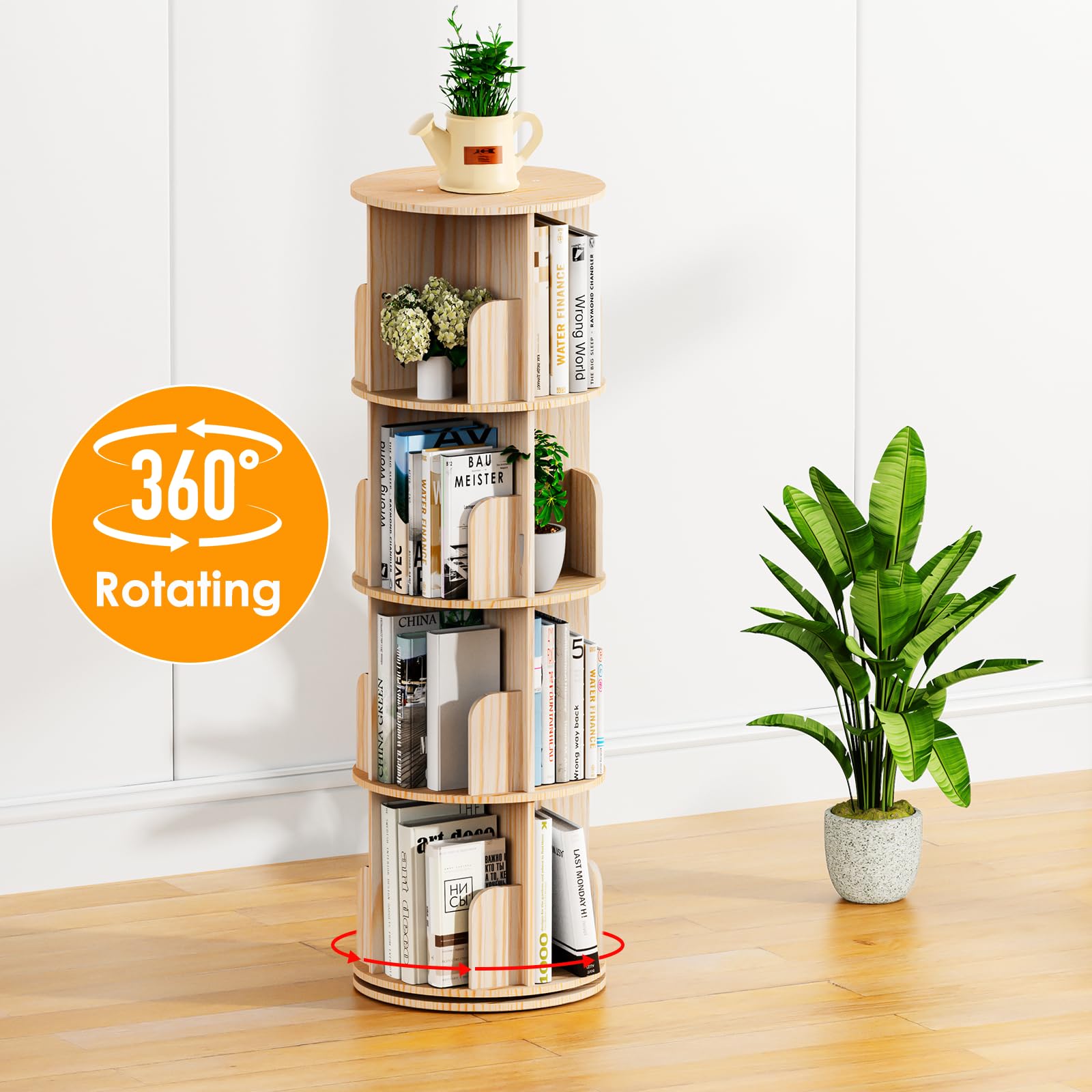 Moozerka Rotating Bookshelf, 4 Tier 360 Display Solid Wood Spinning Bookcase Storage Rack, Floor Standing Revolving Book Shelf Organizer for Adults&Kids