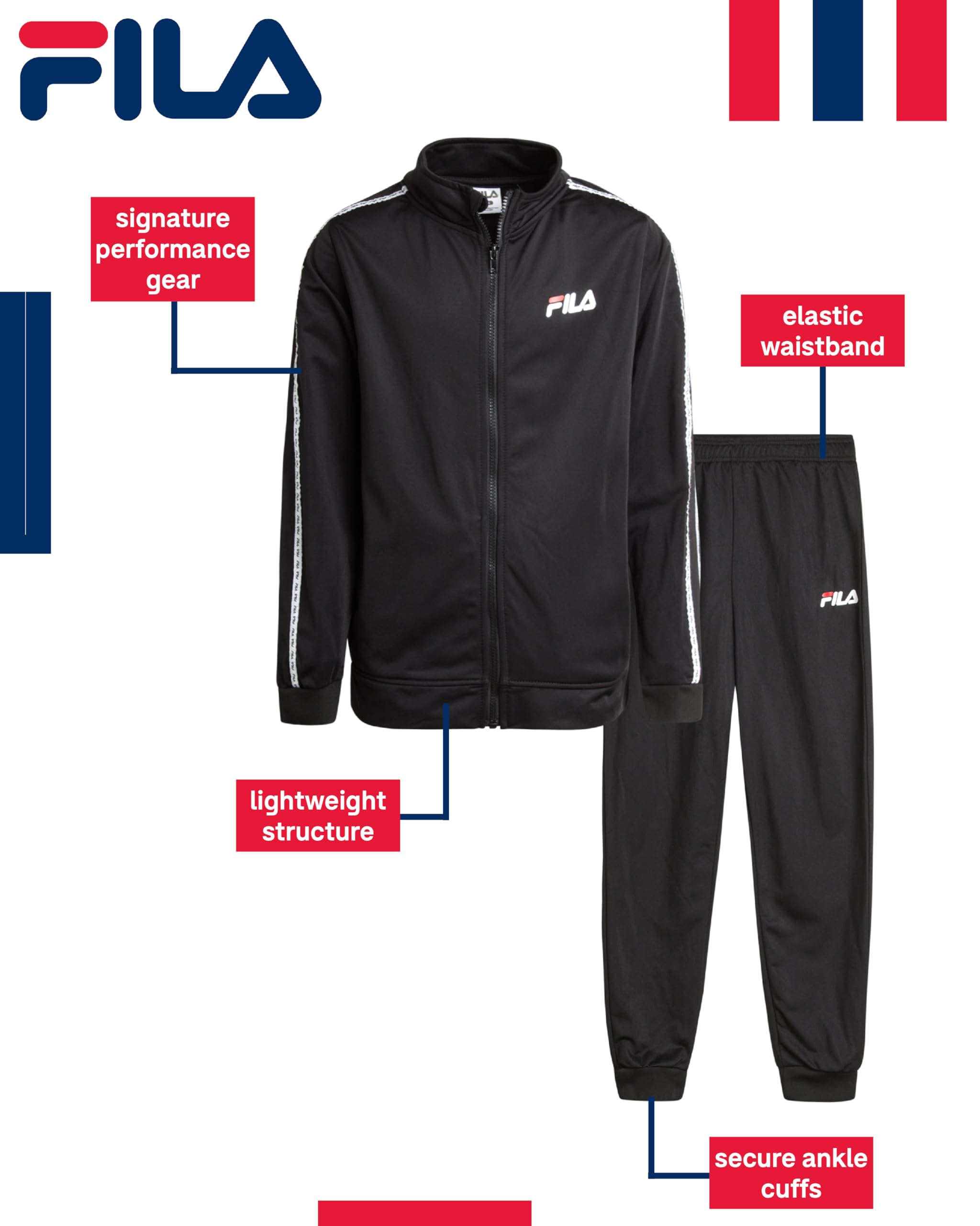 Fila Boys' Active Tracksuit Set - 2 Piece Performance Tricot Sweatshirt and Jogger Sweatpants - Activewear Set for Boys, 8-12, Size 10, Black