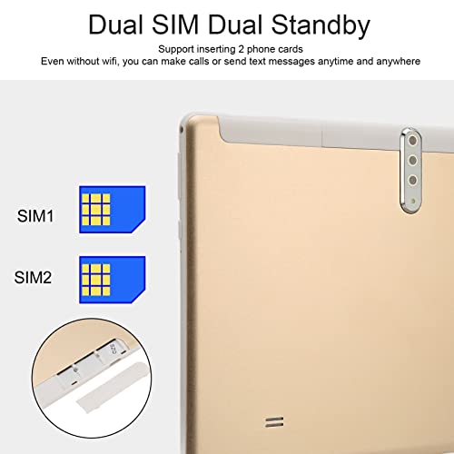 Naroote 10.1 Inch HD Tablet, Dual Card Dual Standby 4GB RAM 64GB ROM Gold 2560x1600 Resolution Calling Tablet 100-240V for Android 12 for Study (US Plug)