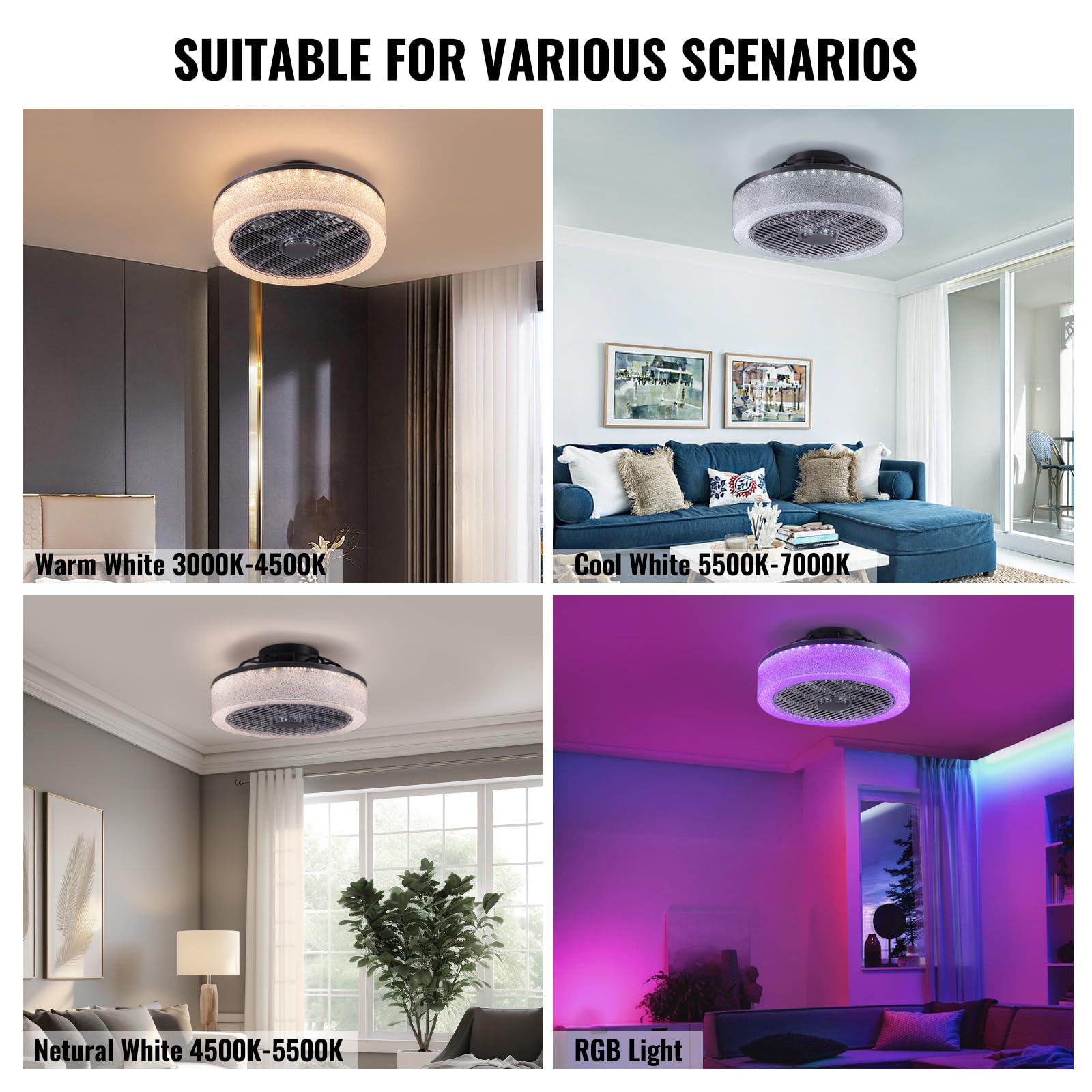 Elegant 20" Low Profile Caged Ceiling Fan Light, Antique Brown Lantern Design, Folding Diamond Farmhouse Bladeless Fandelier, Ideal for Dinning Room Studio