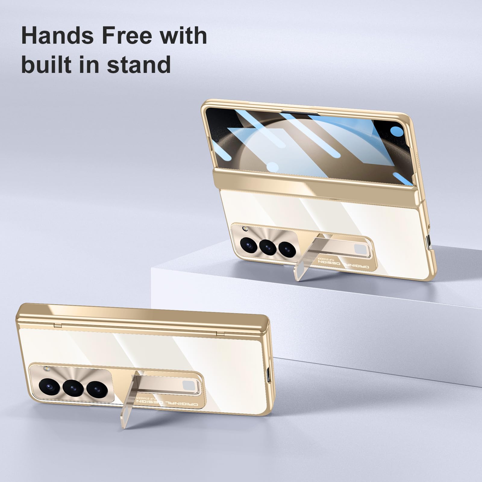 Libeagle Compatible with Samsung Galaxy Z Fold 5 Case, Non-Yellow Clear Back, Electroplated Frame, Full Hinge Protection, Screen Protector, Magnetic Stand, Thin and Slim Phone Cover 5G 2023, Gold