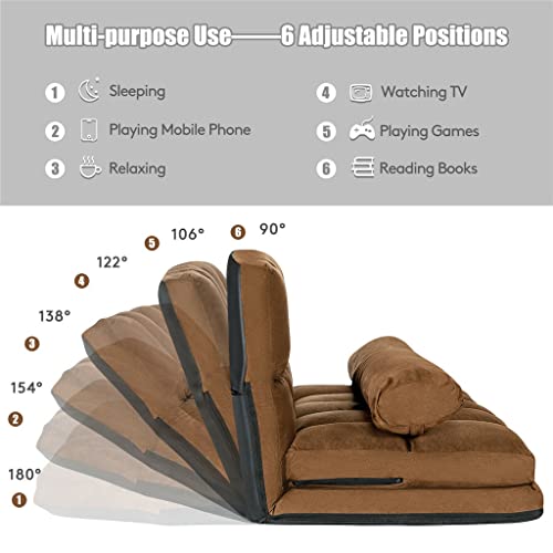 Walnut Foldable Floor Sofa Bed 6-Position Adjustable Couch with/ 2 Pillows Brown Adjustable Floor Sofa