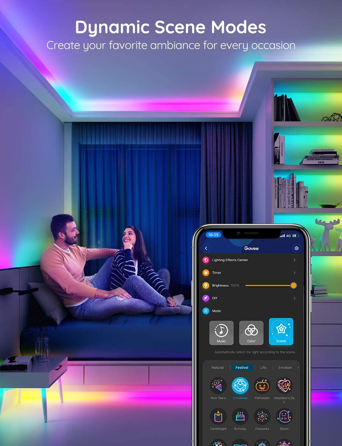 Govee 16.4ft RGBIC LED Strip Lights, Segmented Control, App Control, Remote and Control Box, Enhanced Music Mode, Scene Modes, LED Light Stip for Parties, Room, Kitchen, Holiday, Home Decor