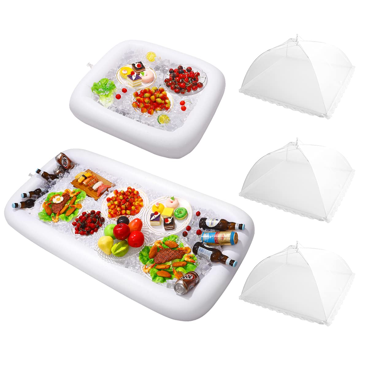 HEMOTON 1 Set 2PCS Inflatable Pool Serving Bar and 3pcs Mesh Food Tent Set Drinking Buffet Tray Inflatable Ice Serving Buffet Bar Drinks Cooler Tray with Drain Plug