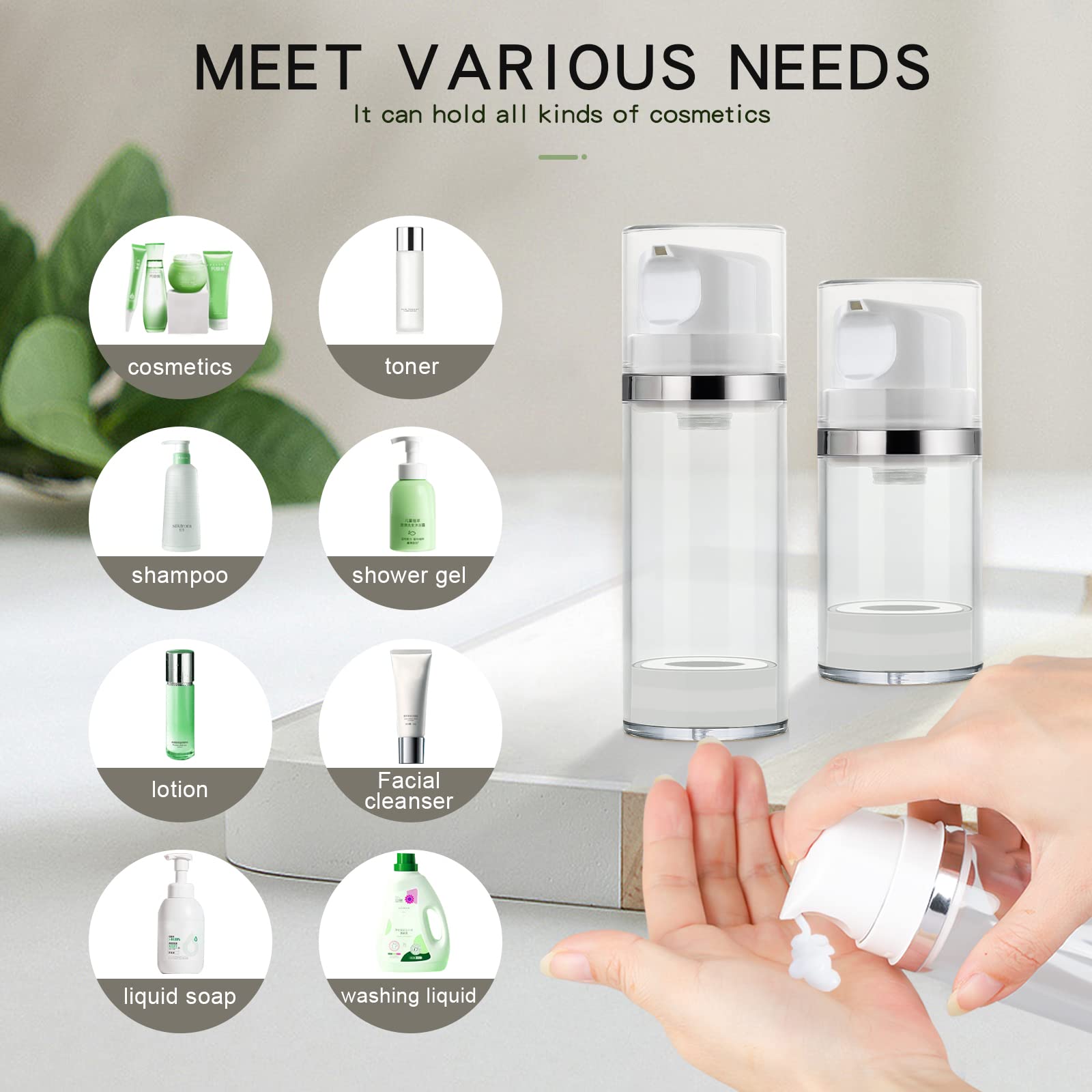 IOOROSE Airless Pump Bottle Refillable Travel Containers 100 ml/3.5 oz (Clear, 2 Pack)