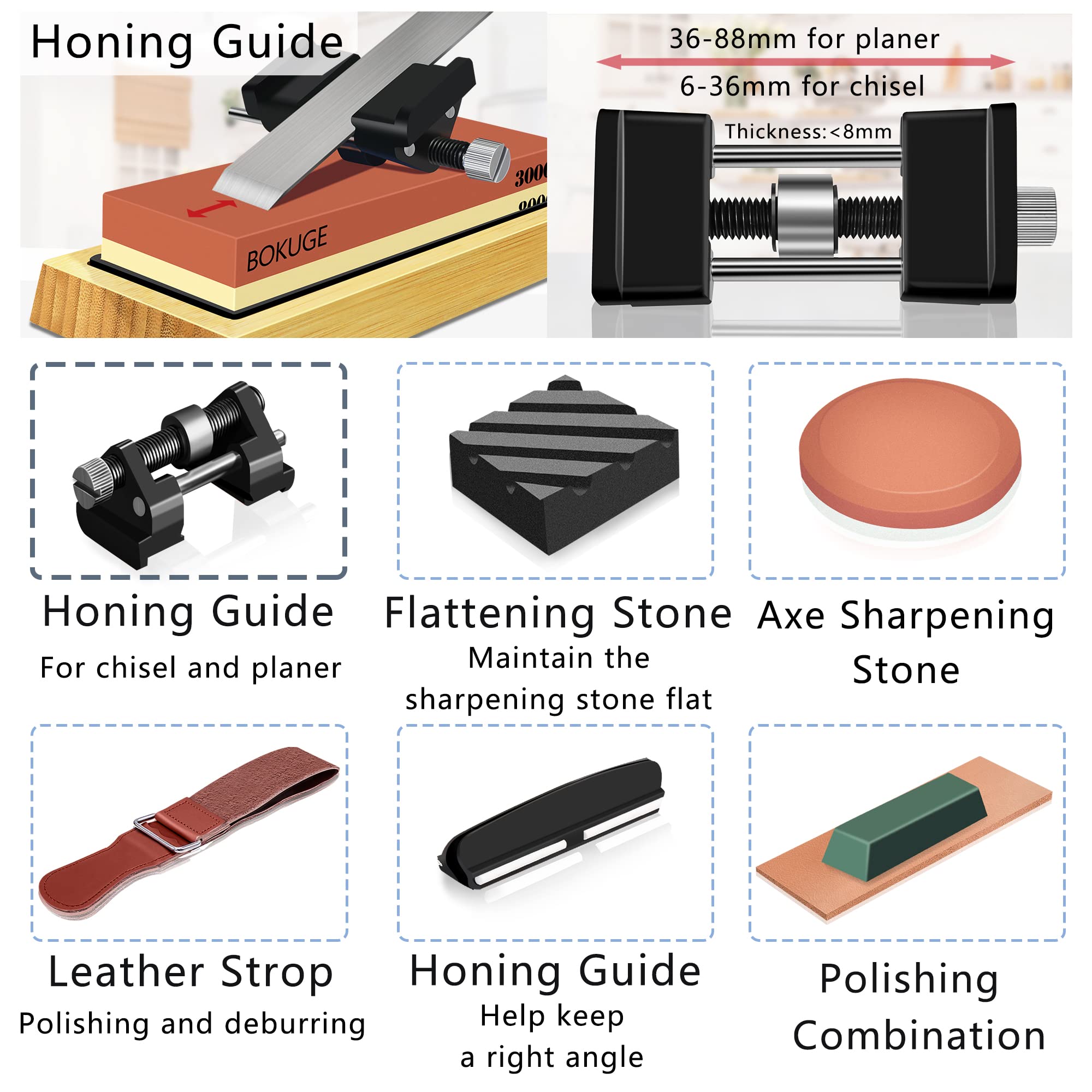Knife Sharpening Stone, BOKUGE Professional Whetstone Knife Sharpener, 4 Side Grit 400/1000 3000/8000, Complete Knife Sharpening Kit with Non-Slip Bamboo Base, Honing Guide, Polishing Combination