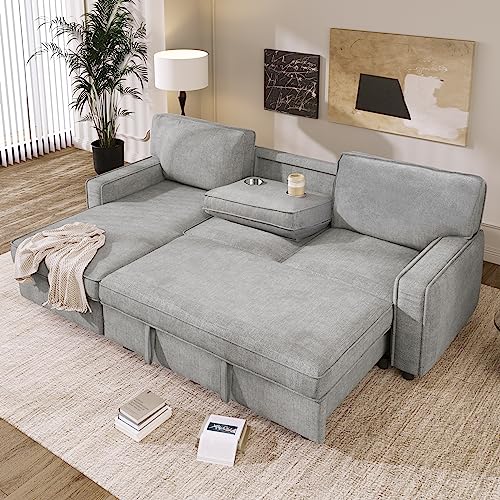 ERYE Multifunctional Sleeper Sectional Pull Bed and 2 Cupholders, Modular 3 Seaters Corner Sofa & Couch Convertible Sleep Sofabed W/Storage Chaise Port for Living Room, L-Shaped & USB, Gray
