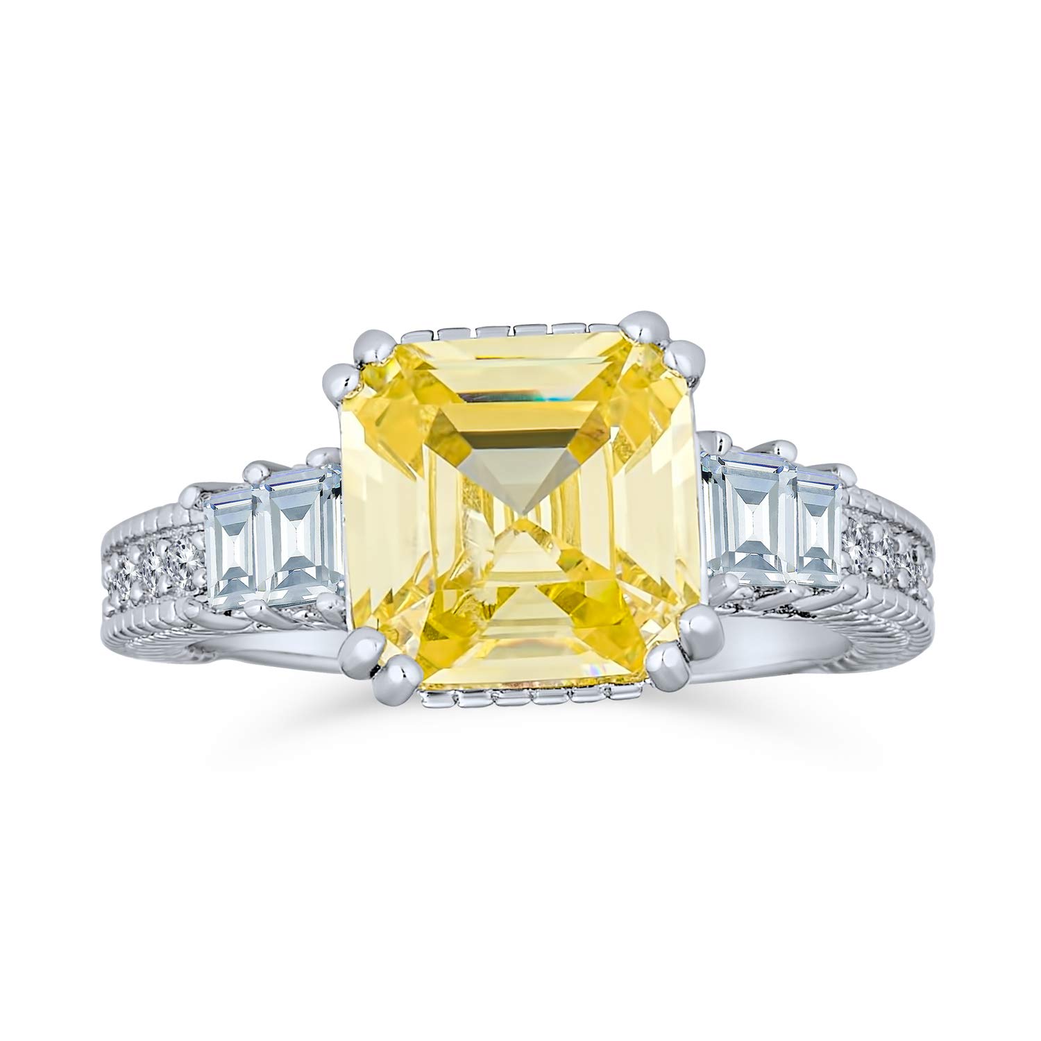 Elegant Timeless Art Deco Style 2CT Canary Yellow AAA CZ Square Asscher Cut Engagement Ring For Women Baguettes Side Stone Band .925 Sterling Silver