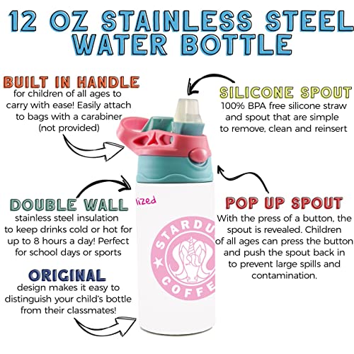Trend Setters Stardust Unicorn β 12 oz Kids Water Bottle with Pop Up Silicone Straw - Personalized - Double Wall Vacuum Stainless Steel Insulation β Keep Beverage Temperature for Up To 8 Hours