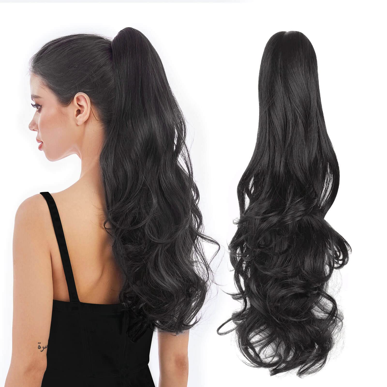 HEWEICSY Ponytail Extension,Hair Extension Ponytail 22" Long Claw Hair Extension Synthetic Curly Wavy Hairpieces Ponytail Clip in Ponytail Wig Daily Fluffy Pony Tail for Women,Black