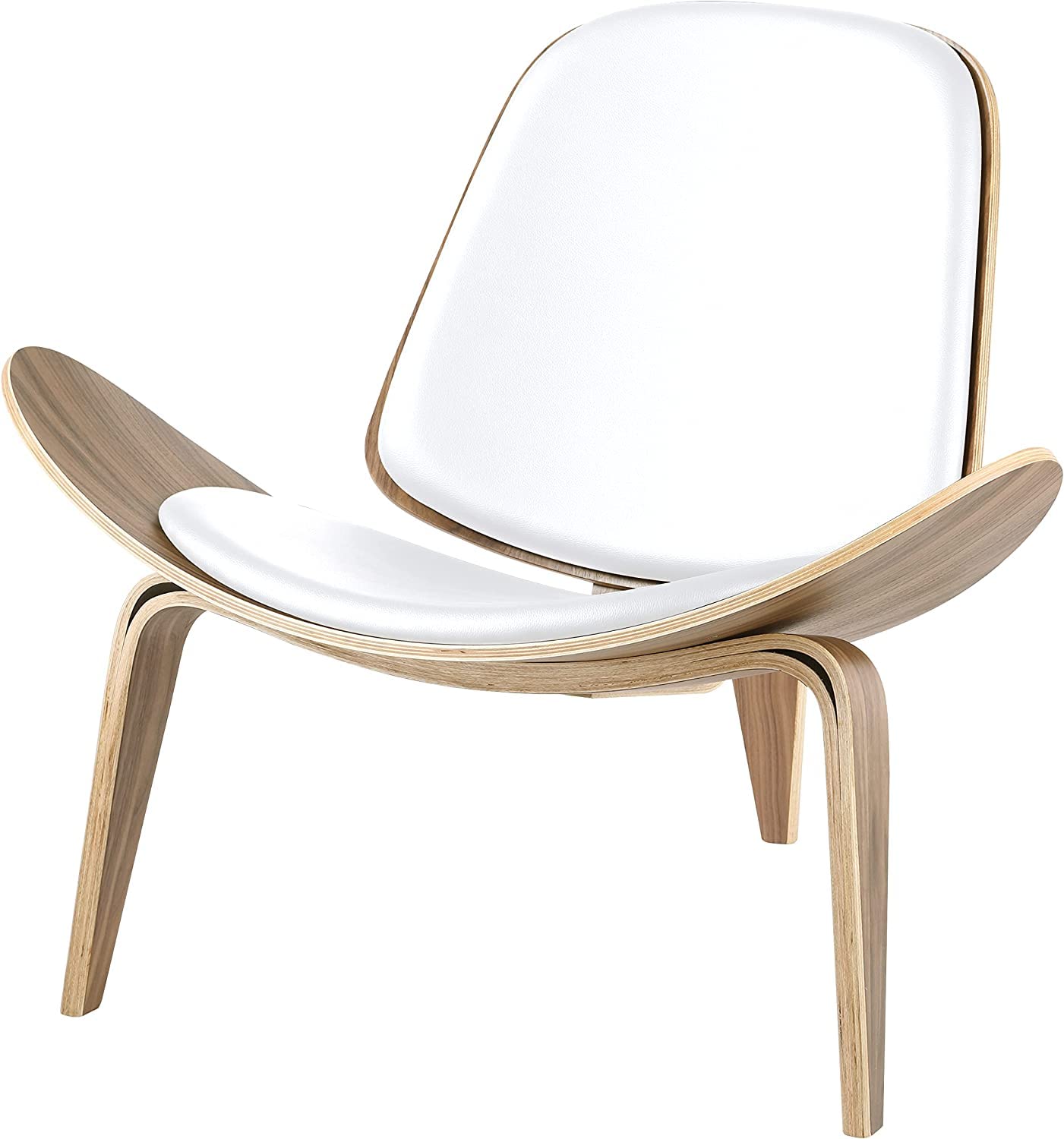 First of a Kind Lounge Chair for Living & Study Room - Faux Leather Tripod Plywood Solid Wood Shell Chairs - Modern Classic Mid Century Design - White