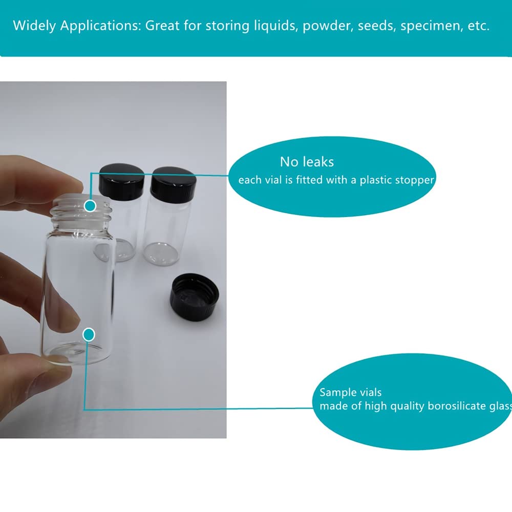 JWCBDY 20ml Clear Glass Vials with Screw Caps and Plastic Stoppers,Laboratory liquid sampling storage bottles, leak-proof bottles 15 pcs