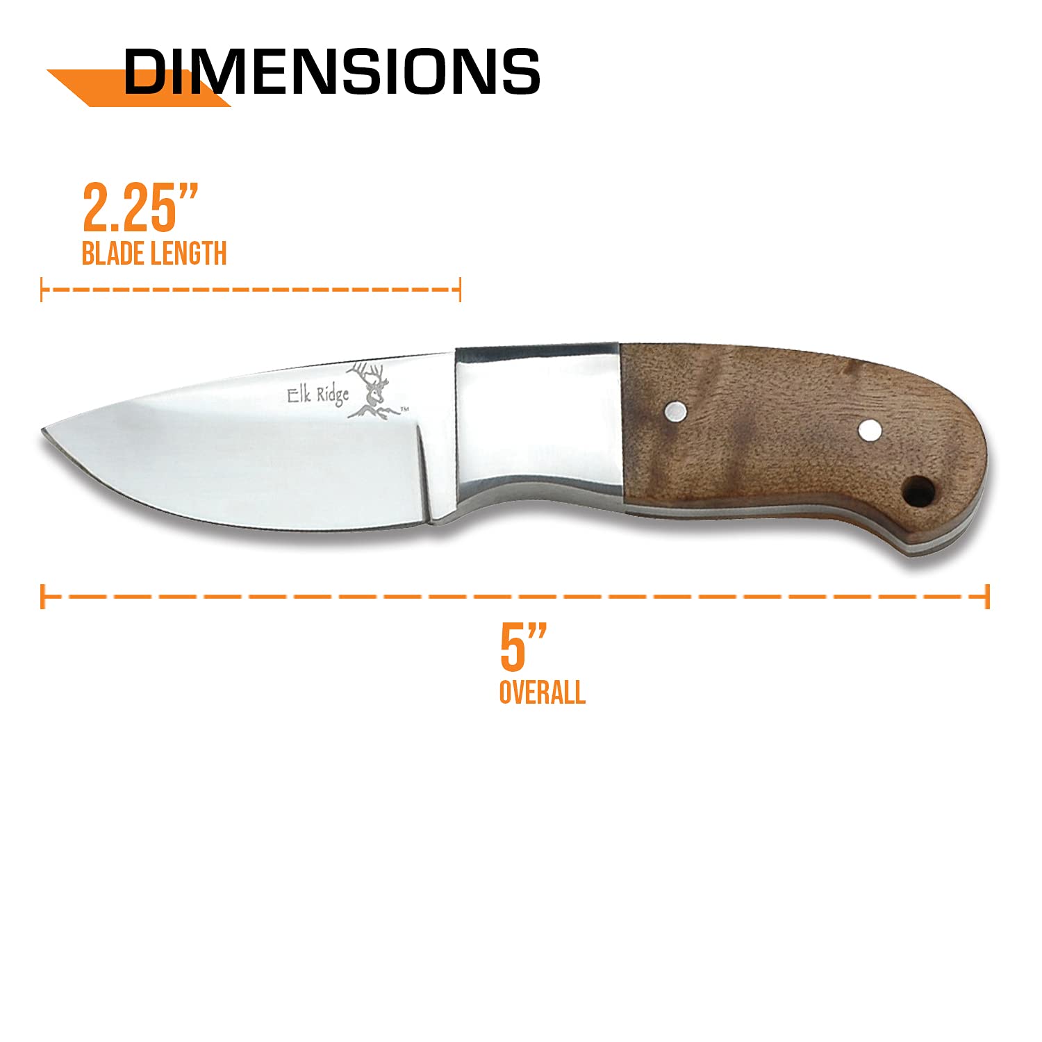 Elk Ridge - Outdoors Fixed Blade Knife - 5-in Overall, 440 Stainless Steel Mirror Polished Blade, Burl Wood Handle, Leather Sheath - Hunting, Camping, Survival, Everday - ER-111