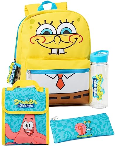 SpongeBob SquarePants Backpack Set Kids 4 Piece | Blue Yellow School Bag Patrick Lunch Box Gary Pencil Case Logo Water Bottle | TV Show Merchandise Gifts