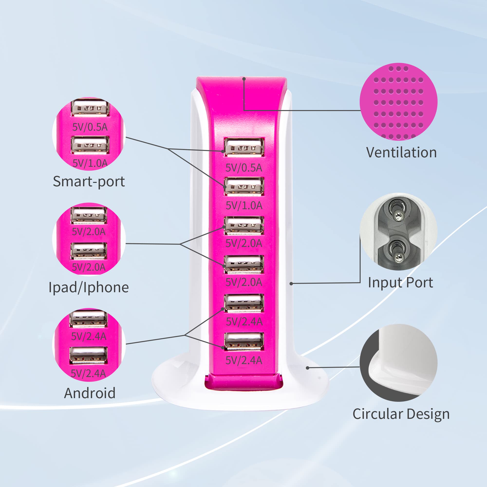 Wyssay 10A(50W) Universal USB Charger,6-Port Independent Desktop USB Charging Station,Multi Charger Block with 4 Ft Extension Cord, USB Fast Charger for Phone Ipad and More(Pink)