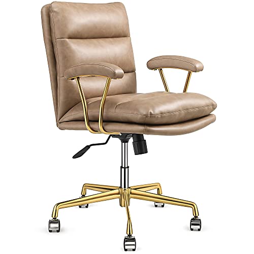 LEAGOO Mid Back Home Office Desk Task Chair with Wheels and Arms Ergonomic PU Leather Computer Rolling Swivel Chair with Padded Armrest (Khaki)