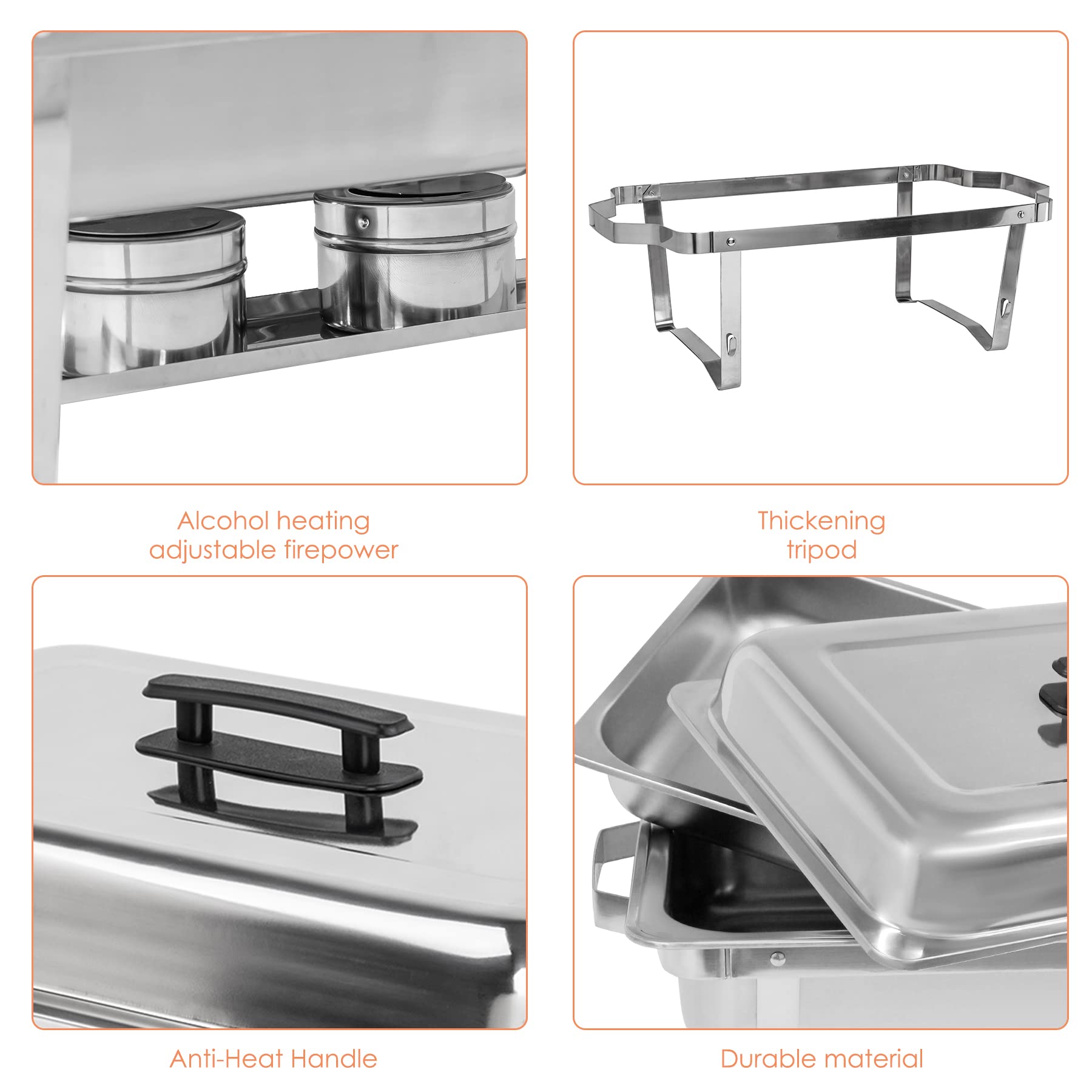 GRANDMA SHARK Chafing Dishes Buffet Sets 6 Packs 8QT Stainless Steel Rectangular Chafers and Buffet Warmer with Alcohol Furnace for Catering Buffet Food Warmer Set with Folding Frame, Silver