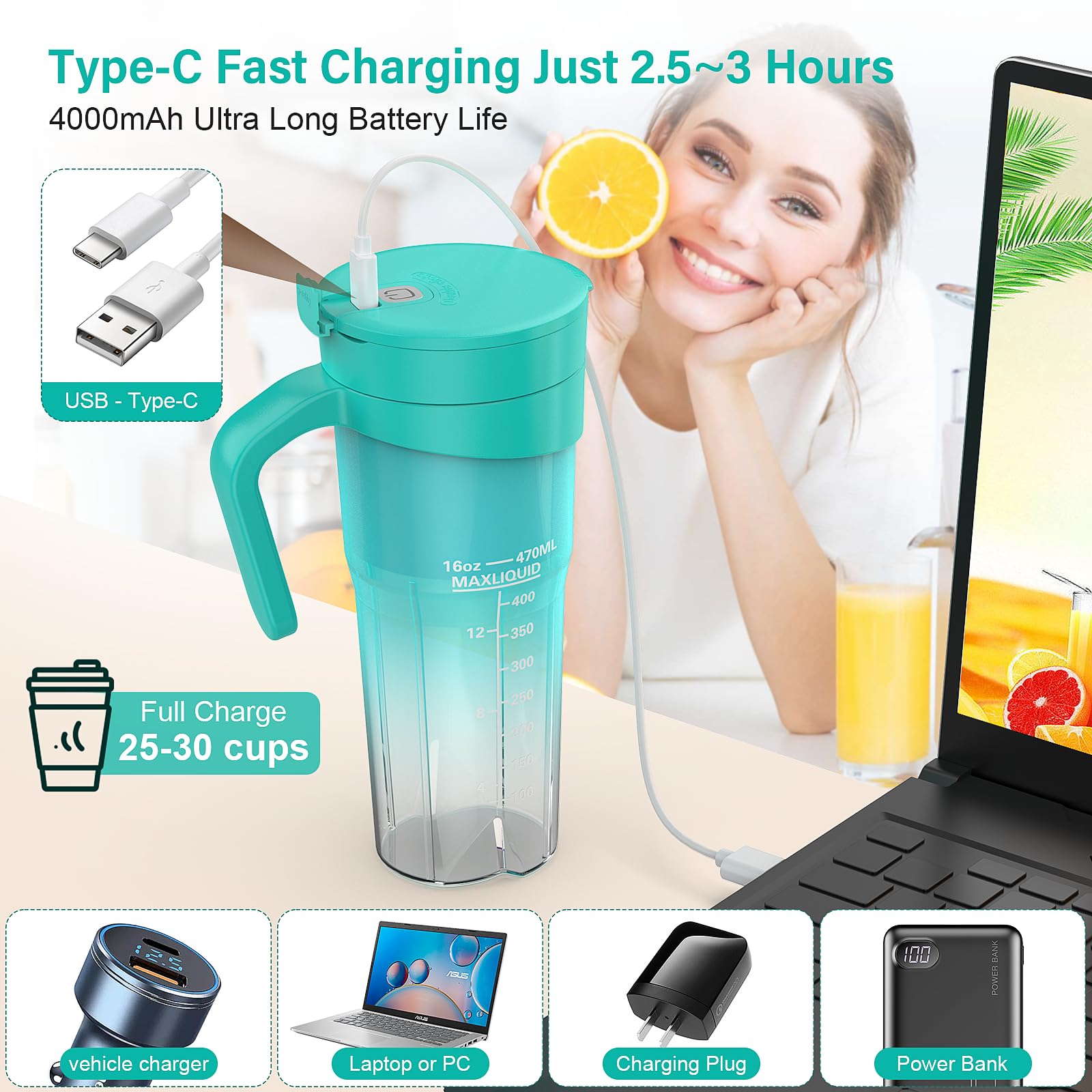 Portable Blender for Shakes and Smoothies, 16 Oz Mini Blender cup, HUIJUTCHEN Personal Blender with Six Blades USB Rechargeable Juicer Blender Cup for Baby Food Travel Kitchen, 470ML Green
