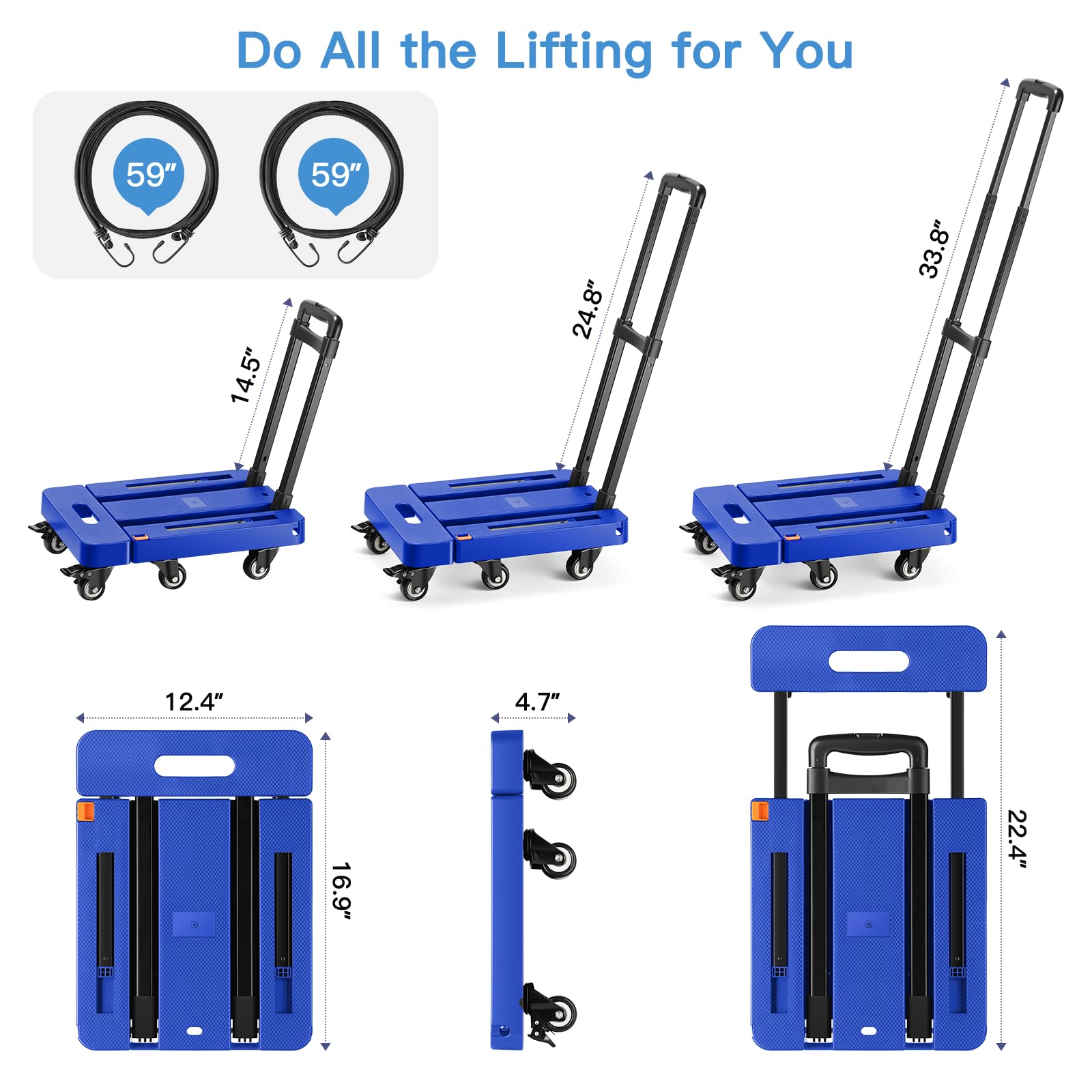 Homaisson Folding Hand Truck, Heavy Duty Dolly Cart for Moving, 550 LBS Hand Truck with 6 Wheels & 2 Rope for Luggage, Moving, Shopping, Office Use (Blue)