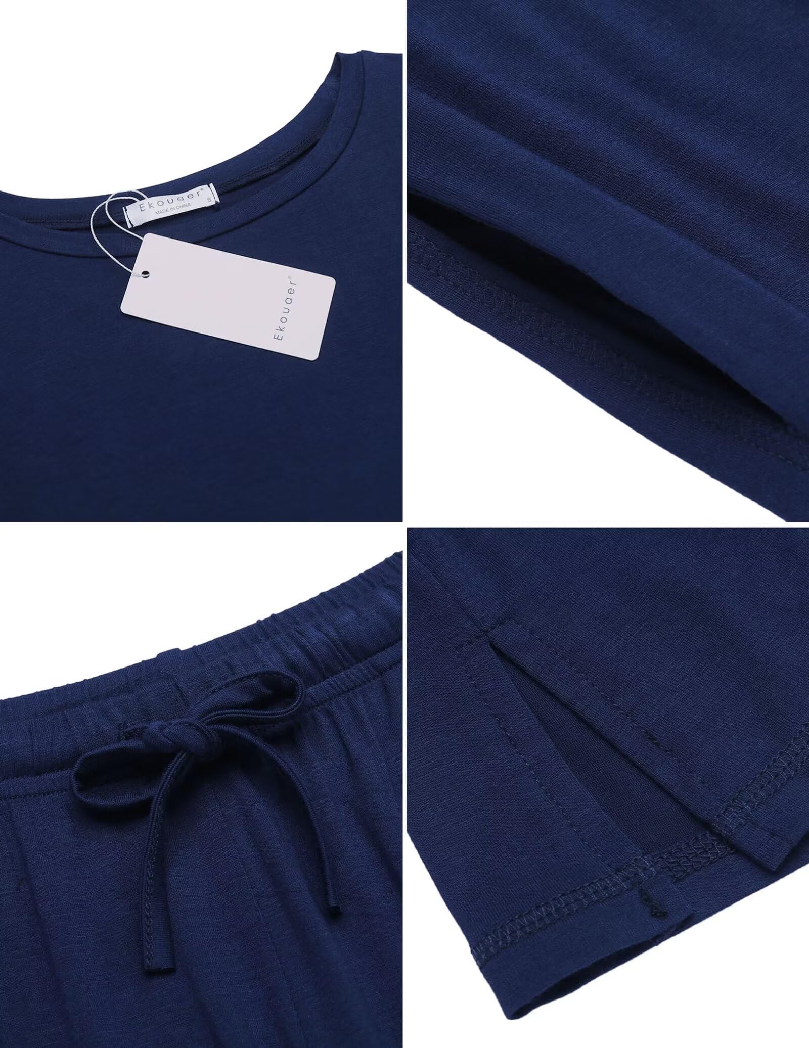 Ekouaer Pajama Set for Women Soft Short Sleeve Tops and Long Pants with Pockets Summer Pj Sets Navy XL