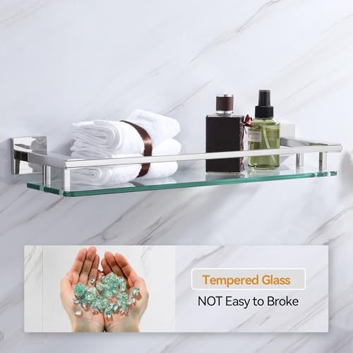 LANC Chrome Bathroom Shelf Glass Shelves 20-Inch Floating Tempered Glass Shelf Rectangular Stainless Steel Wall Mounted Silver Polished Shelves for Bathroom Kitchen Organizers Accessories,A7613CP