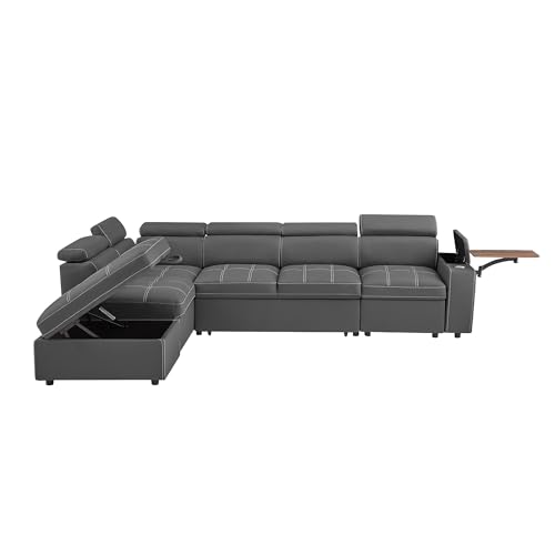 Microfiber Sectional Sleeper Sofa with Pull-Out Bed , 5 Seater Convertible L-Shaped Couch with Adjustable Headrest , Storage Armrest , Ottoman ,Cupholder ,360° Rotated Table ,USB Ports for Living Room