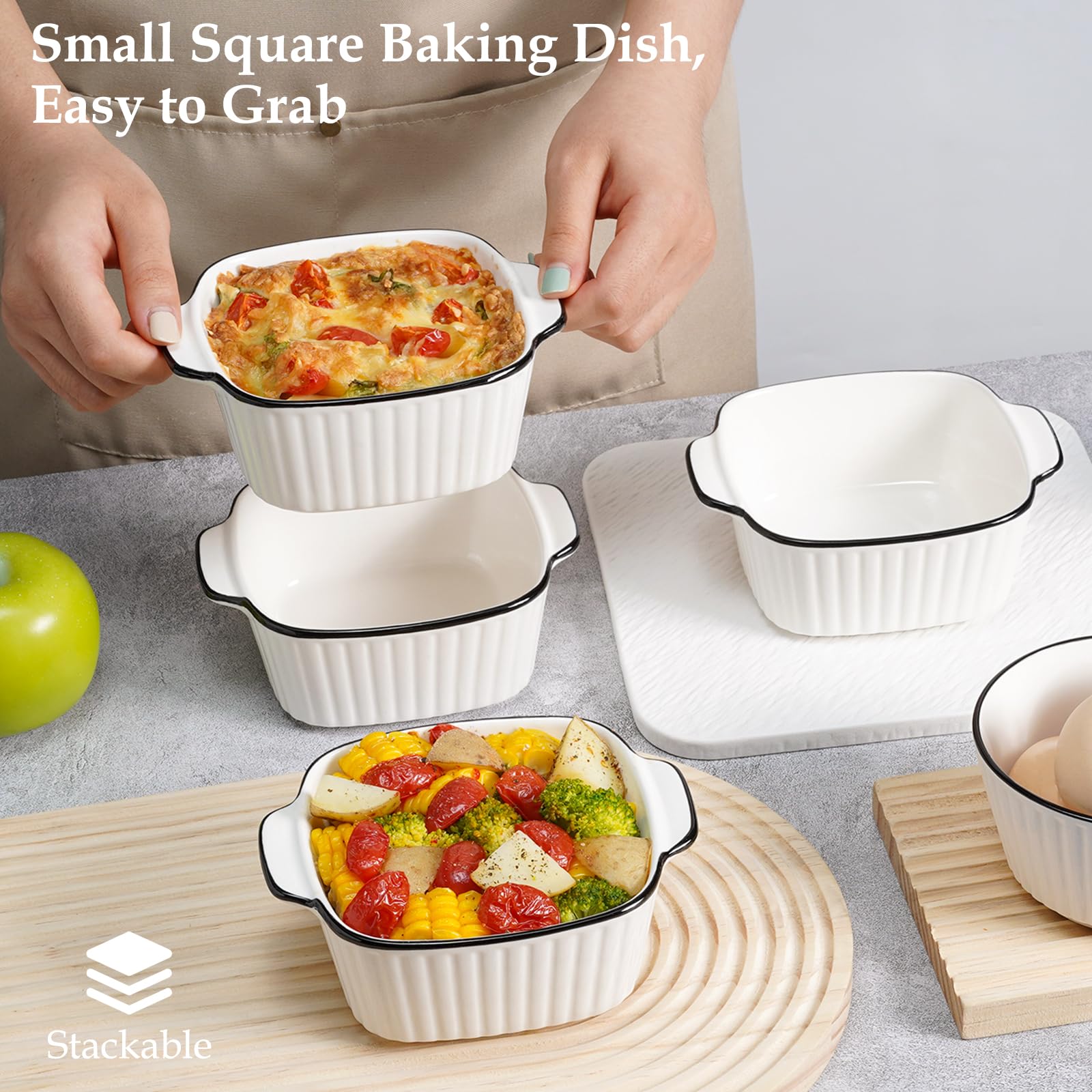 NUTRIUPS 13Oz Ceramic Baking Dishes set of 4, 5.5'' Square Baking Dishes, Small Baking Dish for Air Fryer, Ceramic Bakeware with Handles, Oven-Safe & Microwave-Safe