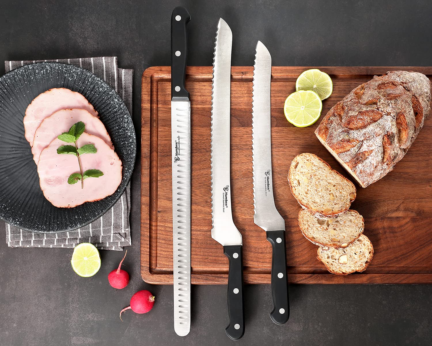Humbee 12 inch Carving Knife Razor Sharp Blade with Granton Edge for Cutting Smoked Brisket, BBQ Meat, Turkey,Black