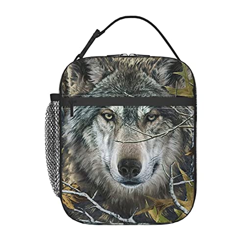 srufqsi Portable Lunch Bag, Forest Camouflage Wolf Insulated Lunch Tote With Side Pocket, Reusable Lunchboxes for Travel Picnic Work Outdoor
