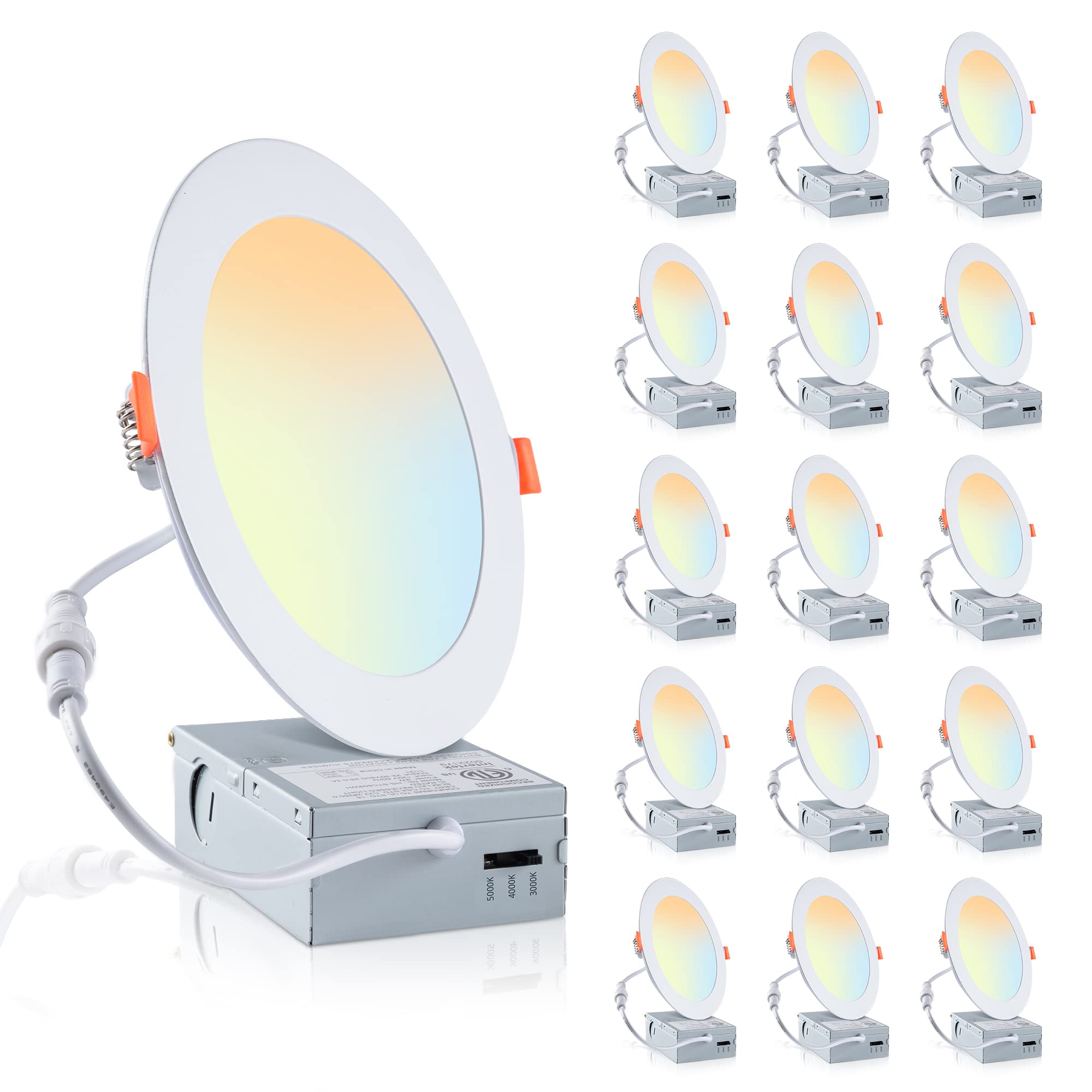 LEDIARY 16 Pack 3CCT LED Recessed Lighting 6 inch, 3000K/4000K/5000K Selectable Recessed Light Fixtures, 1100LM High Brightness, 12W Eqv 110W, Dimmable Can Lights with Junction Box - IC Rated, ETL