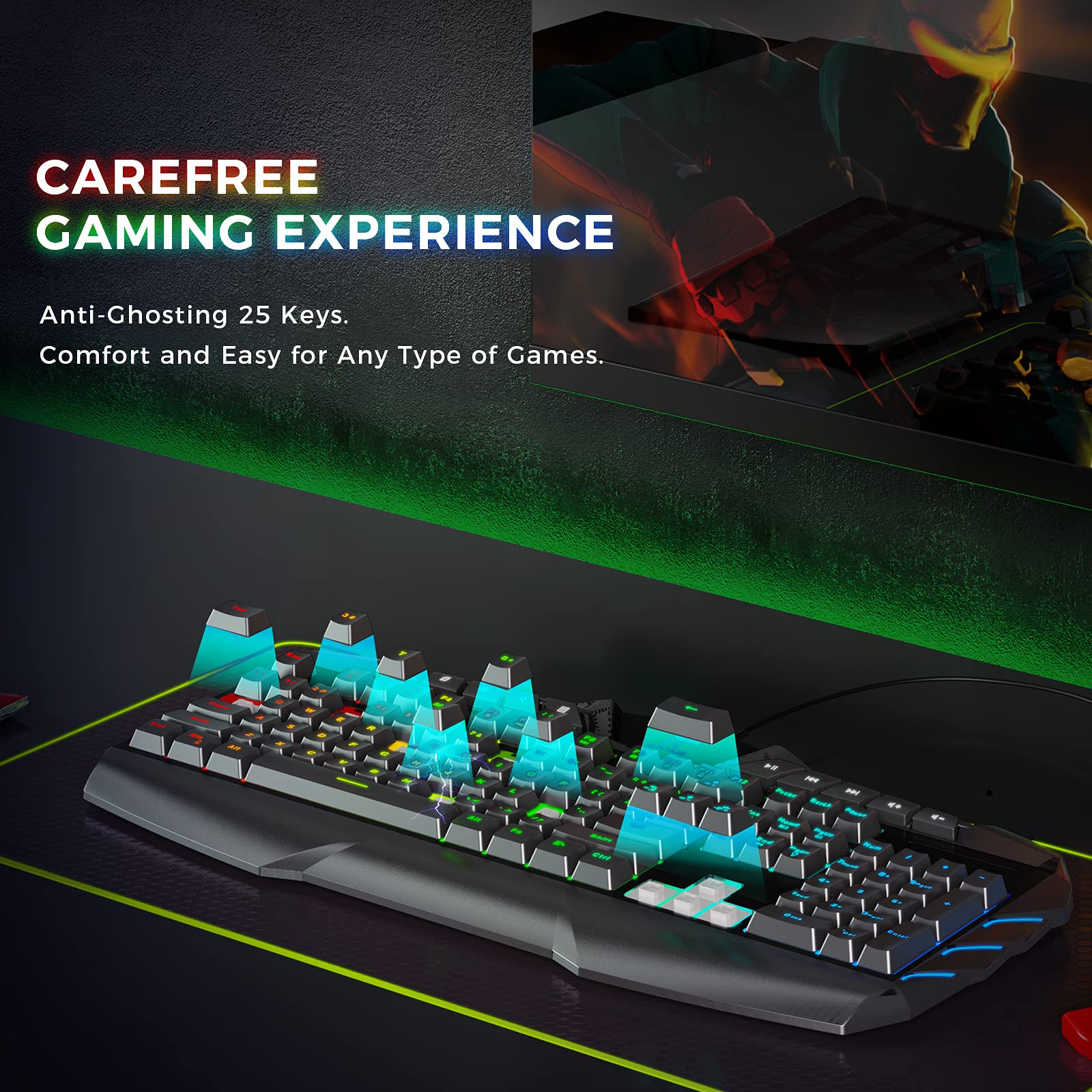 Gizori Gaming Keyboard and Mouse 25 Anti-ghosting Keys RGB Backlit USB Gaming Keyboard with Comfortable Wrist Rest, Wired 6400 DPI Programmable Gaming Mouse for PC | Laptop, Work and Game