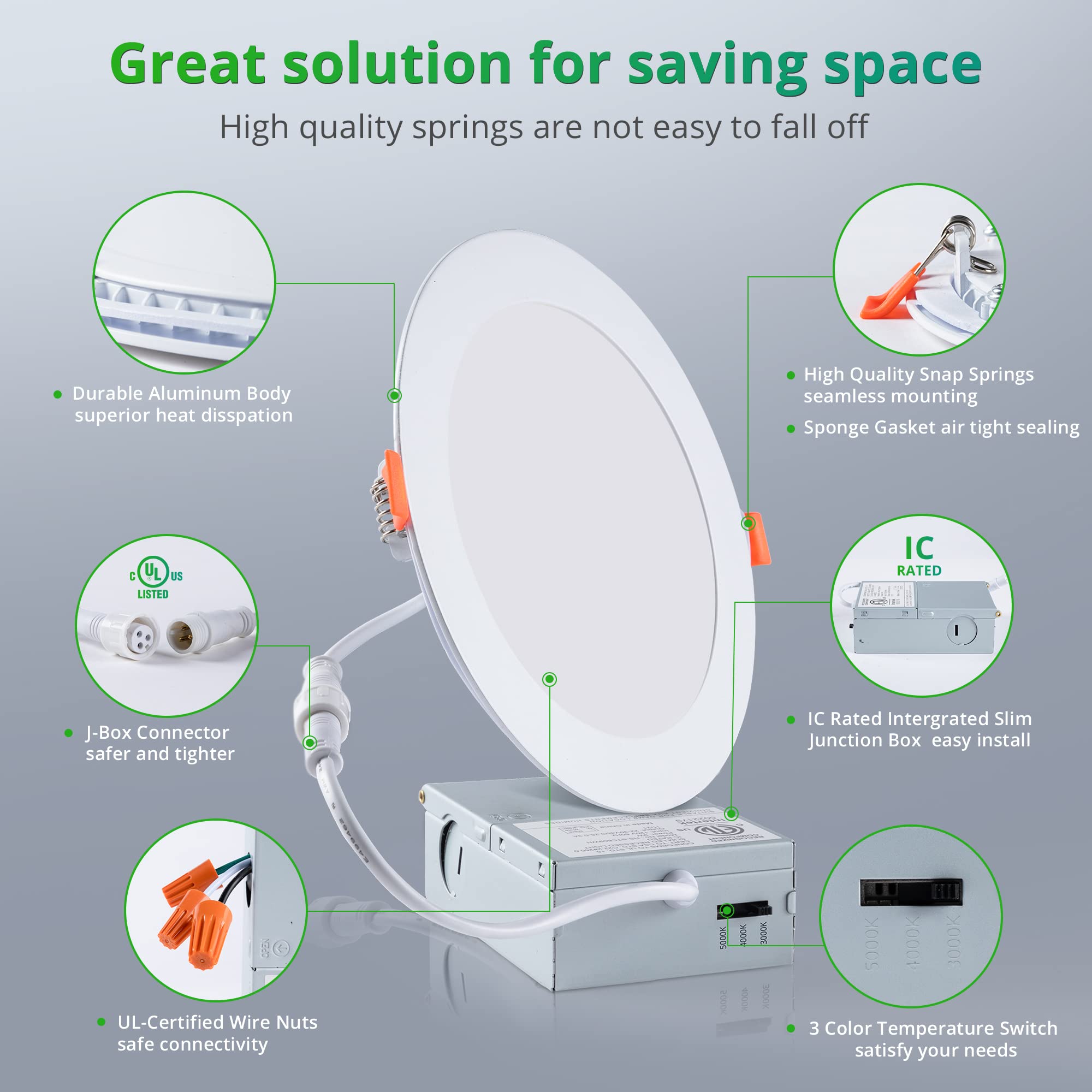LEDIARY 24 Pack 3CCT LED Recessed Lighting 6 inch, 3000K/4000K/5000K Selectable Recessed Light Fixtures, 1100LM High Brightness, 12W Eqv 110W, Dimmable Can Lights with Junction Box - IC Rated, ETL