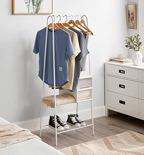 WEASHUME Clothes Rack with 2-Tier Metal Bottom Shelves Portable Garment Rack Double Rod Coat Rack for Bedroom Hanger Clothes ,Shoes Rack White