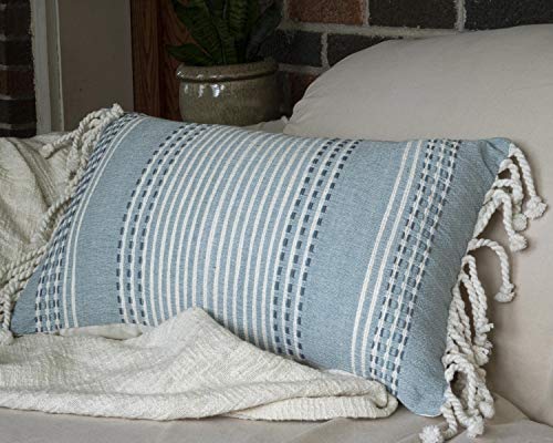 Foreside Home & Garden Blue Woven 14 x 22 inch Decorative Cotton Throw Pillow Cover with Insert and Hand Tied Tassels