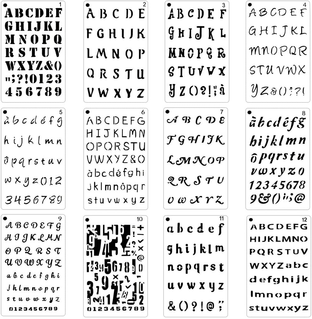 ELENTGE Letter Stencils 12 Pcs Stencils for Crafts 4x7 inch Alphabet Stencils Craft Stencils Lettering Stencils Numbers Stencils Stencils for Painting on Paper/Wood/Canvas/Plastic