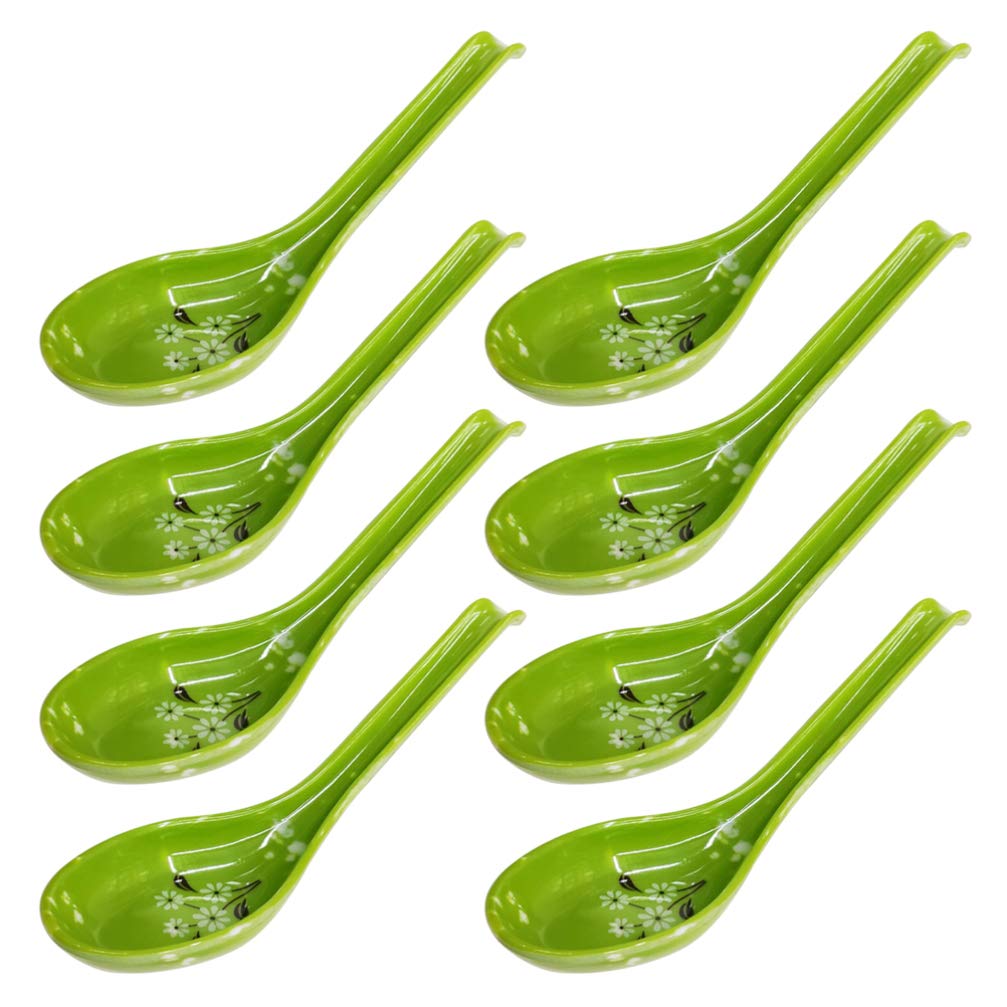 Hemoton Soup Spoons, 8pcs Japanese Style Melamine Spoons Rice Spoons with Hook, Chinese Asian Soup Spoons With Long Handle for Restaurants, Food shops, Catering Halls (Green)