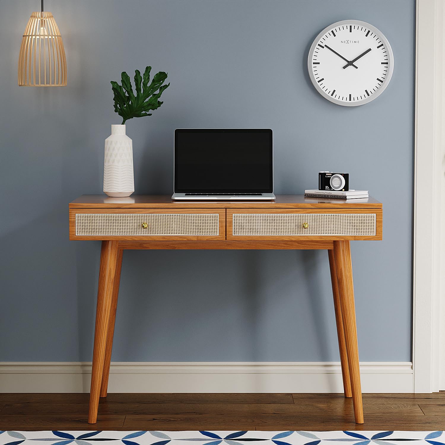 Longcoam Design Mid-Century Modern Solid Wood Desk with Drawers β 45 inch Small Boho Rattan Writing Desk for Home Office, Minimalist Design Natural Wood Legs Table for Workspace Elegance