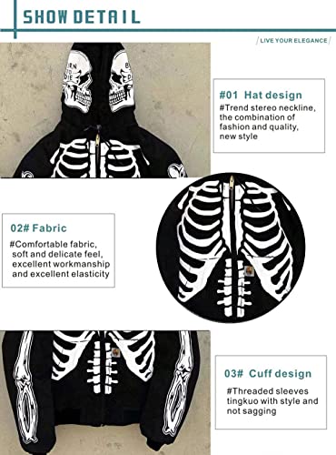 NUFR Skeleton Zip Up Hoodie Skeleton Jacket Black Oversized Streetwear Pullover Sweatshirt for Men, XX-Large