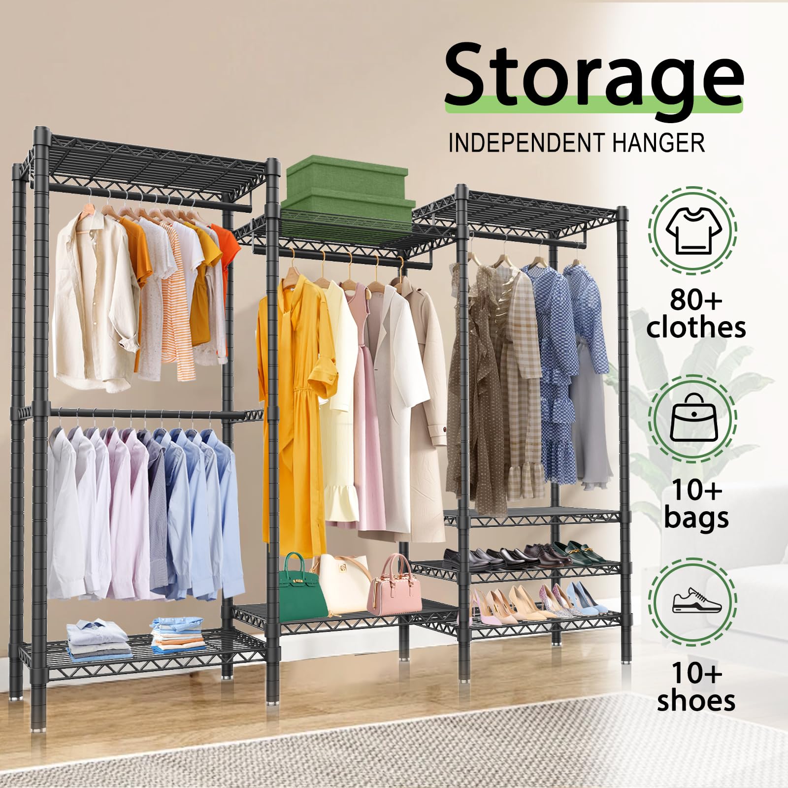 Portable Closet Wardrobe Heavy Duty Clothes Rack,Freestanding Closet Organizer,Multi-Functional Bedroom Clothing Rack with 5 Hanger Rod,8 Shelves,Adjustable Closet Organizers And Storage, Black