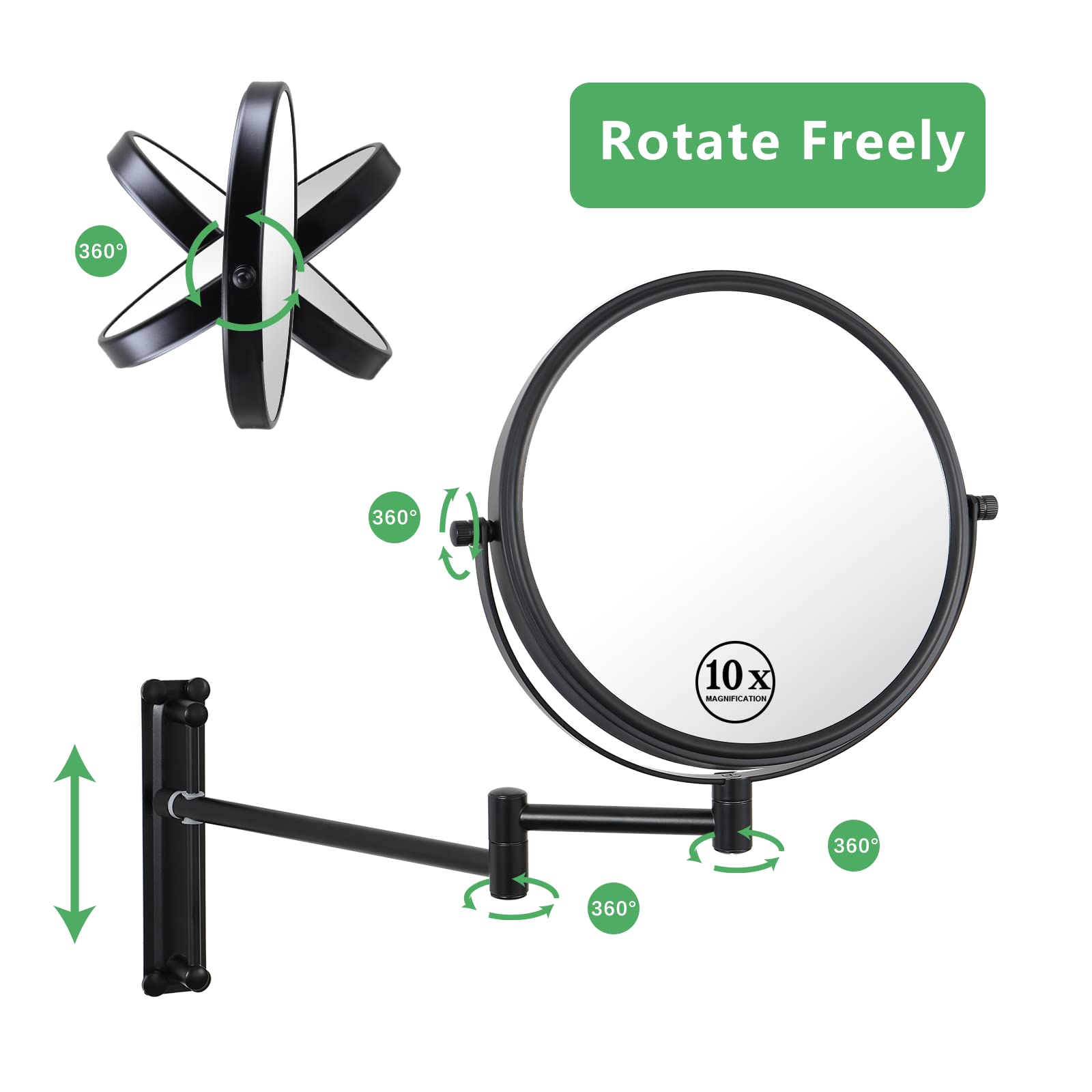 Kacuozx Adjustable Height Double-Sided Mirrors,Wall Mounted Makeup Vanity Mirror,1X/10X Magnifying Mirror for Bathroom,360-degree Rotation, 180-degree Retractable Folding (Black)