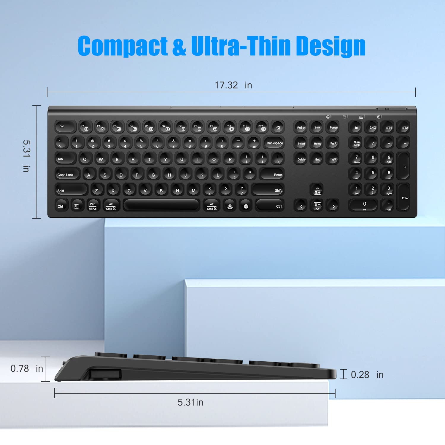 ILAOLIU Rechargeable Bluetooth Keyboard, 2.4G Wireless Backlit Full Size Keyboard - Slim Silent Ergonomic with Pull Out Phone/Pad Holder for Multi-Device Windows, Mac, iOS, iPad,TV (Black)
