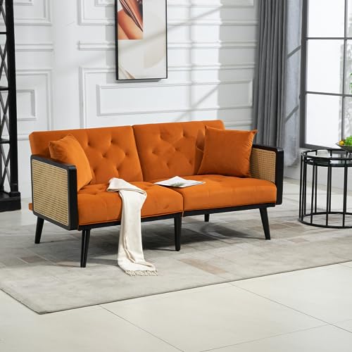 Lin-Utrend Velvet Loveseat Sofa with Rattan Armrest,61" Convertible Futon Sofa Bed,Sleeper Sofa Couch Loveseat for Small Space,Living Room,Apartment
