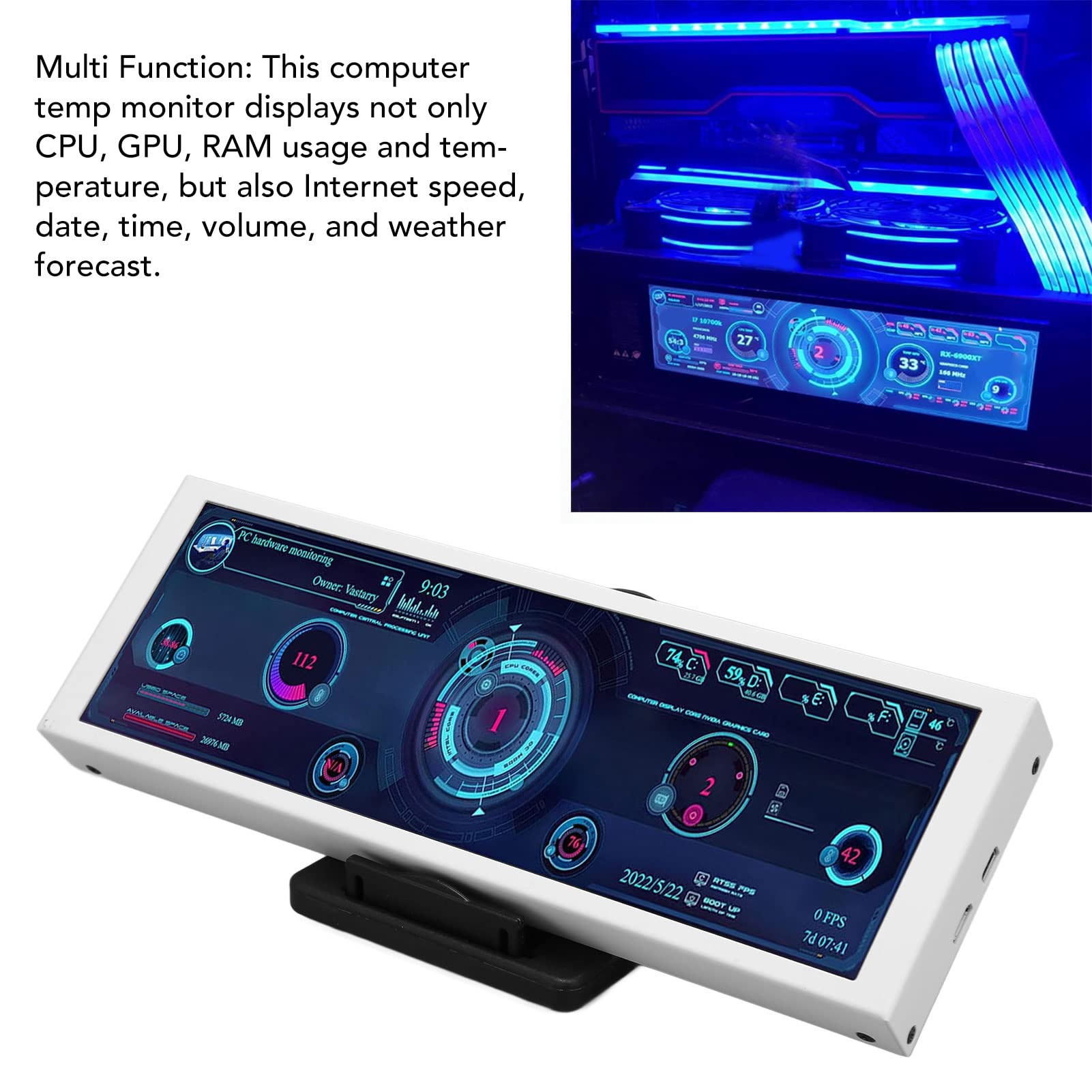 Naroote PC CPU Data Monitor, Computer CPU Monitor 7.9in IPS Theme Editor Steplessly Dimmable for Chassis