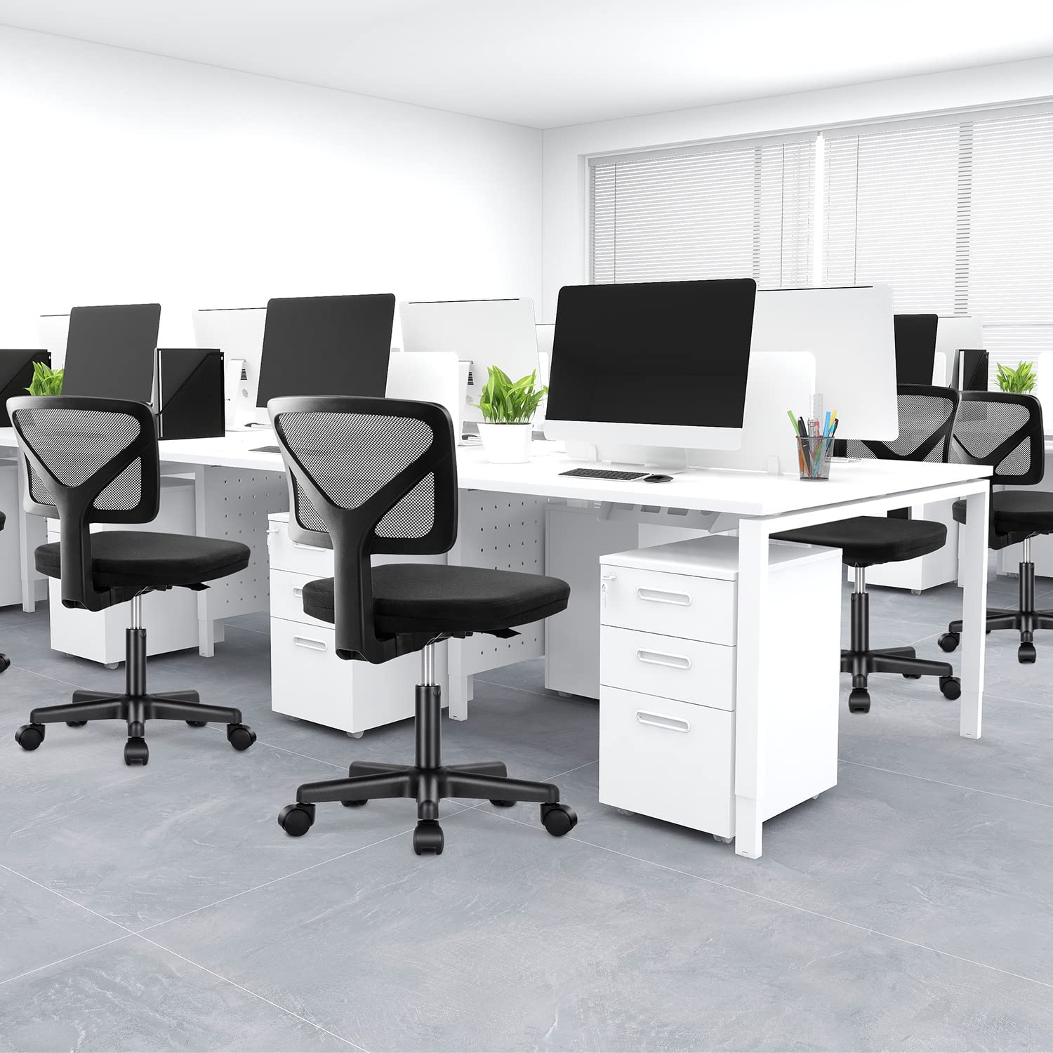 DUMOS Armless Desk Wheels Cute Home Office Arms, Ergonomic Adjustable Swivel Rolling Task, Comfy Mesh Mid Back Computer Work Vanity Chair for Small Spaces, Classic Black