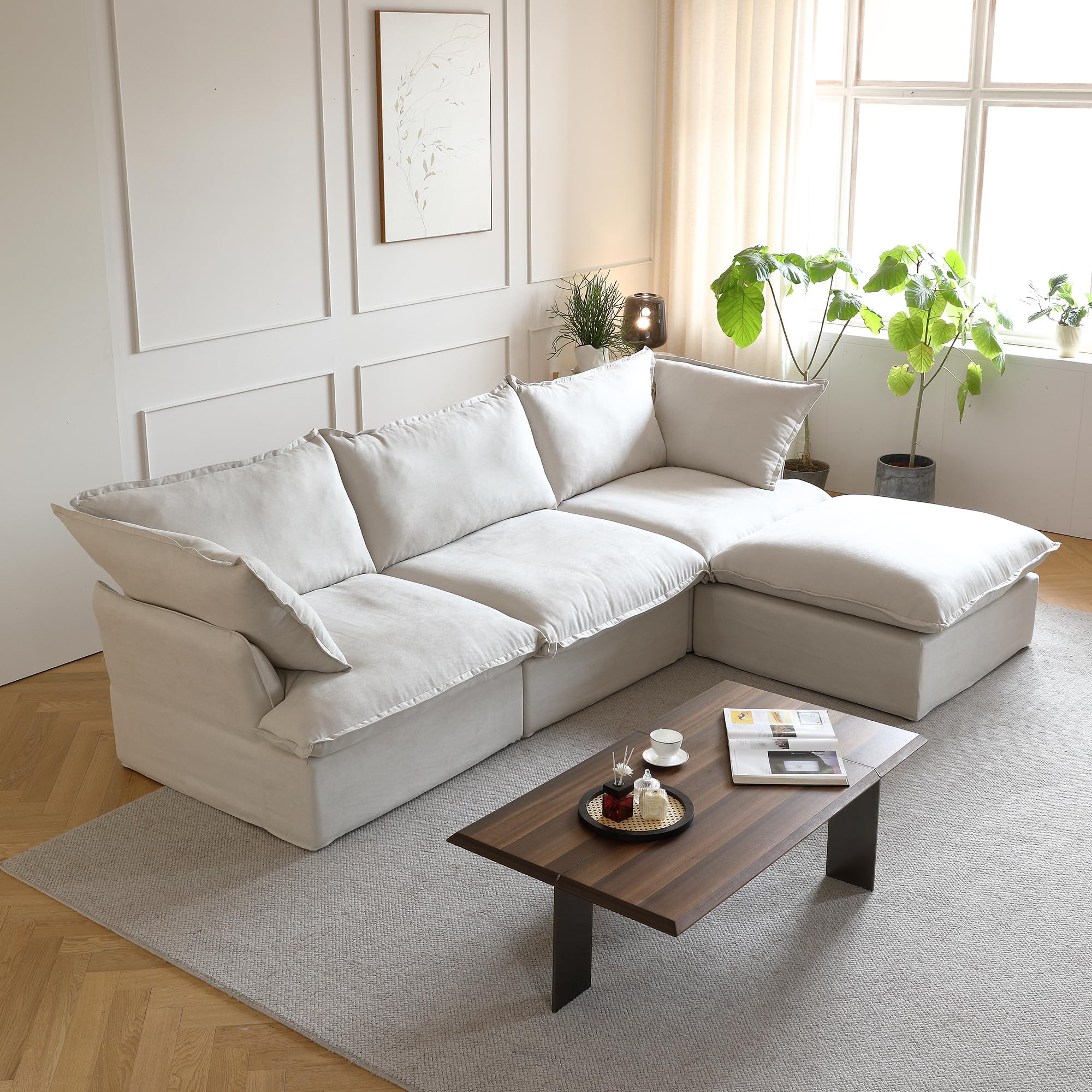 MGH Modular Sectional Sofa,Cloud Convertible Sectional Sofa Couch, L Shaped Minimalist Sofa Couch Sets for Living Room and Apartment,Sofa Cover Warshable& Removable (Beige, 3 Seater+1 Ottoman)