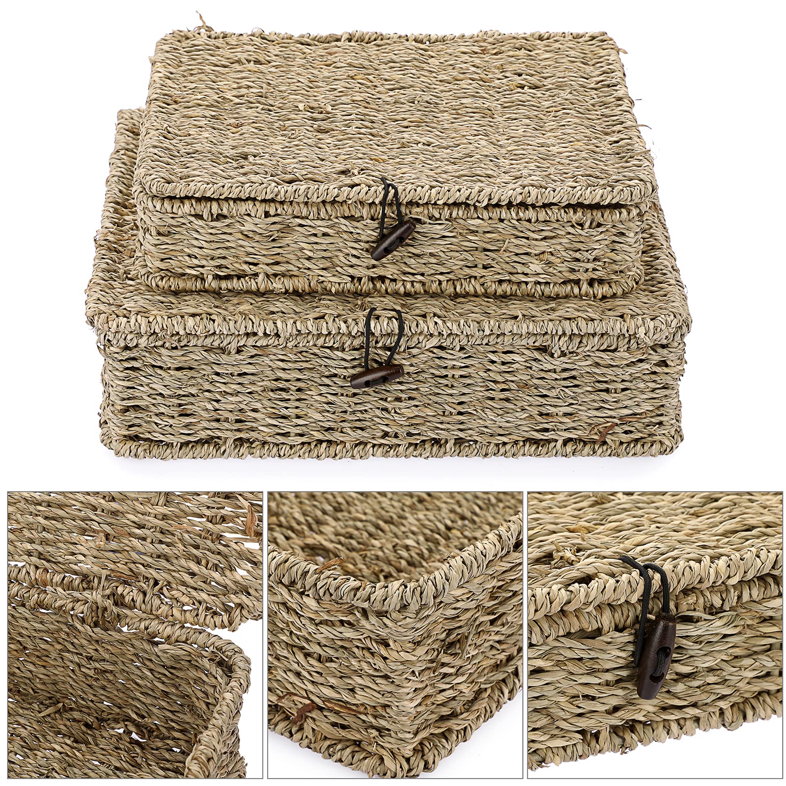 Hipiwe Set of 2 Flat Wicker Baskets Bins with Lid Handwoven Seagrass Storage Baskets Box Multipurpose Shelf Basket Bin Home Organizer Basket for Shelf Closet