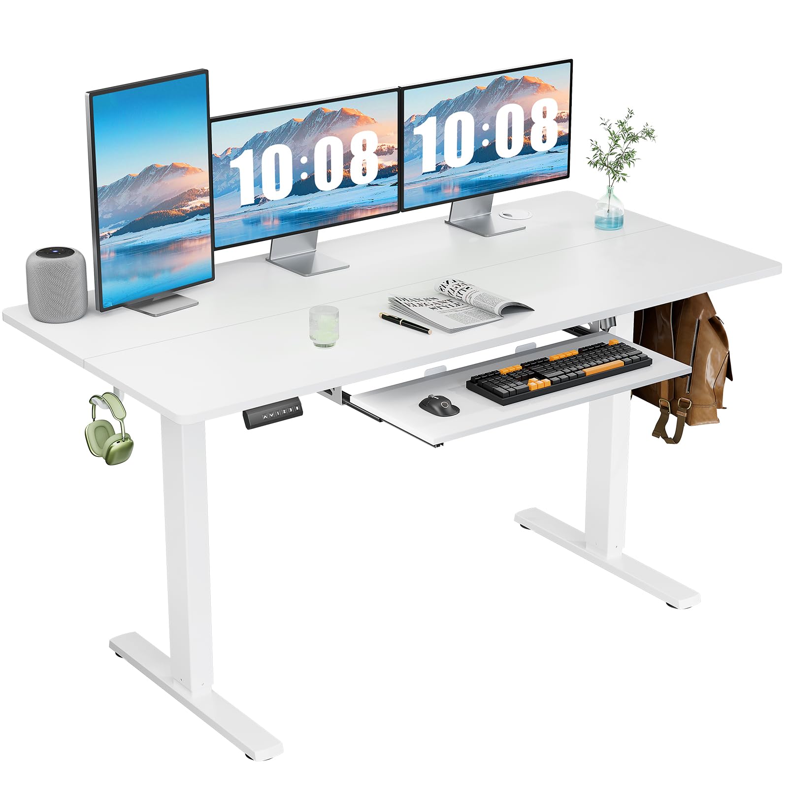 DUMOS Electric Height, 55 x 24 Inches Ergonomic Adjustable Memory Preset, Computer Stand Up Desk Suitable for Home Office, White, 55 x 24-Keyboard Tray