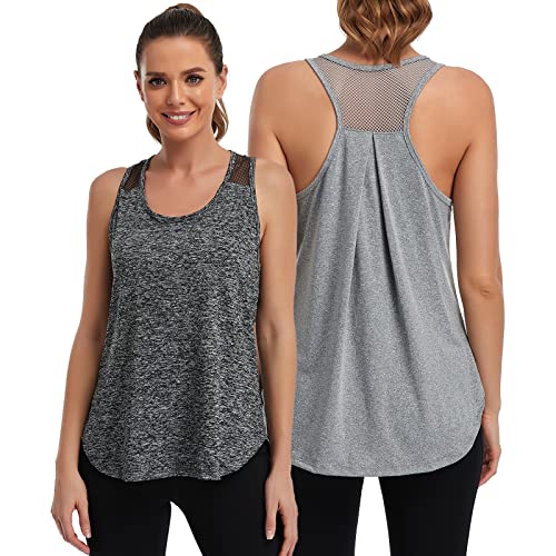 Heyitsmee Workout Tops Sleeveless Mesh Racerback Shirts for Women Athletic Activewear Yoga Gym Tank (Large, Black/Grey)