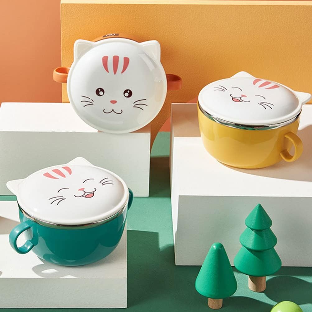 Hemoton Stainless Steel Noodle Bowl with Lid Cartoon Cat Bowl Instant Noodle Bowl Insulated Ramen Bowl Pasta Bowl Kitchen Tableware Yellow