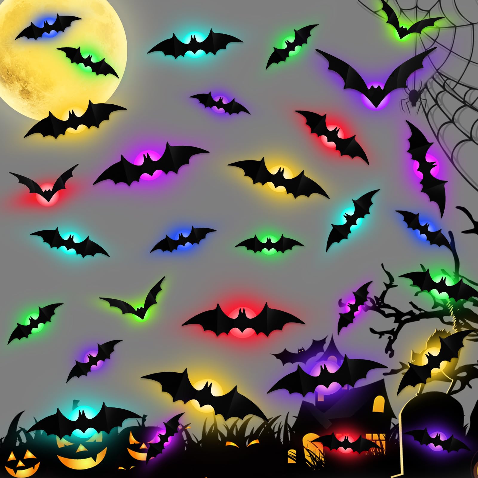 LeeSky 60 Pcs Led Halloween 3D Lighted Bats Decorations Wall Stickers, 4 Different Size Removable PVC Halloween Light Up Bats Wall Sticker Decorations for Indoor Home Decor